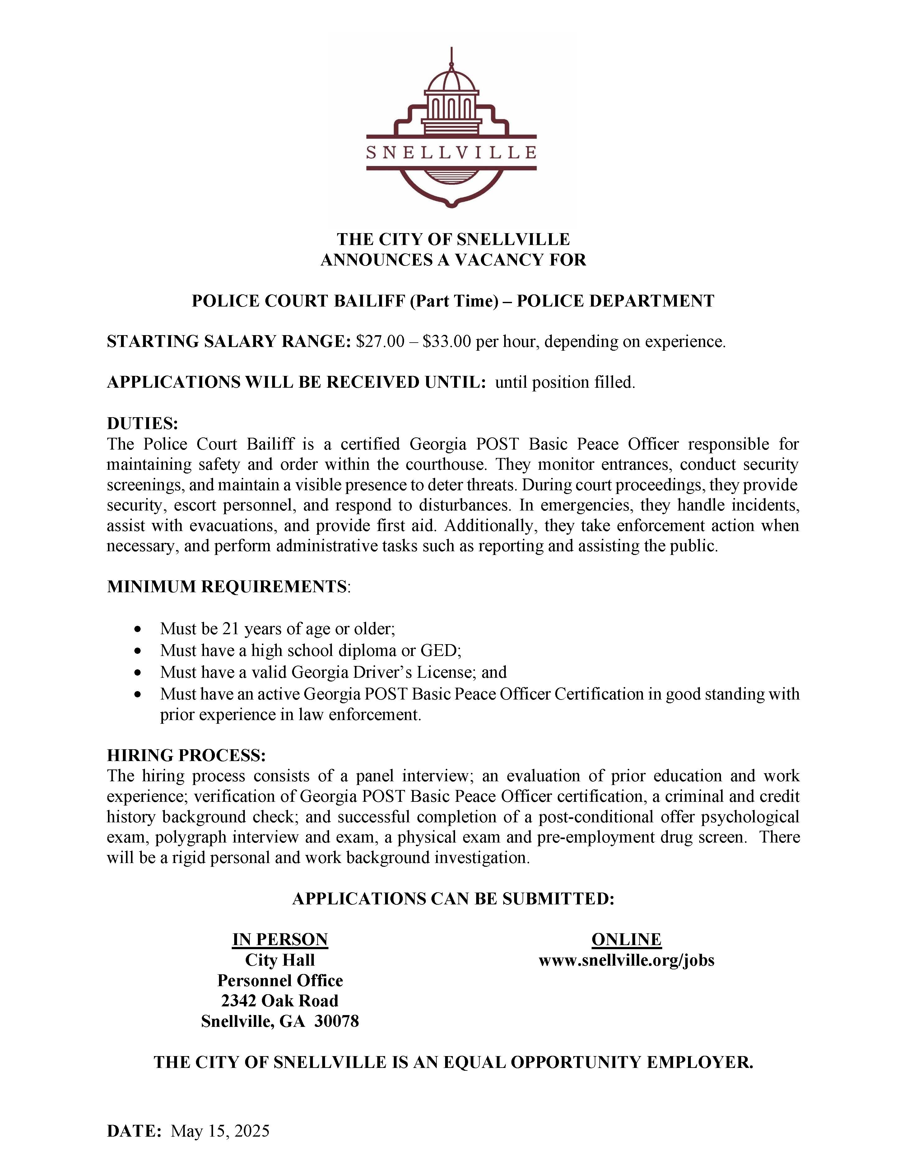 Snellville, GA - Police Court Bailiff - Part Time Job | PublicSafetyApp